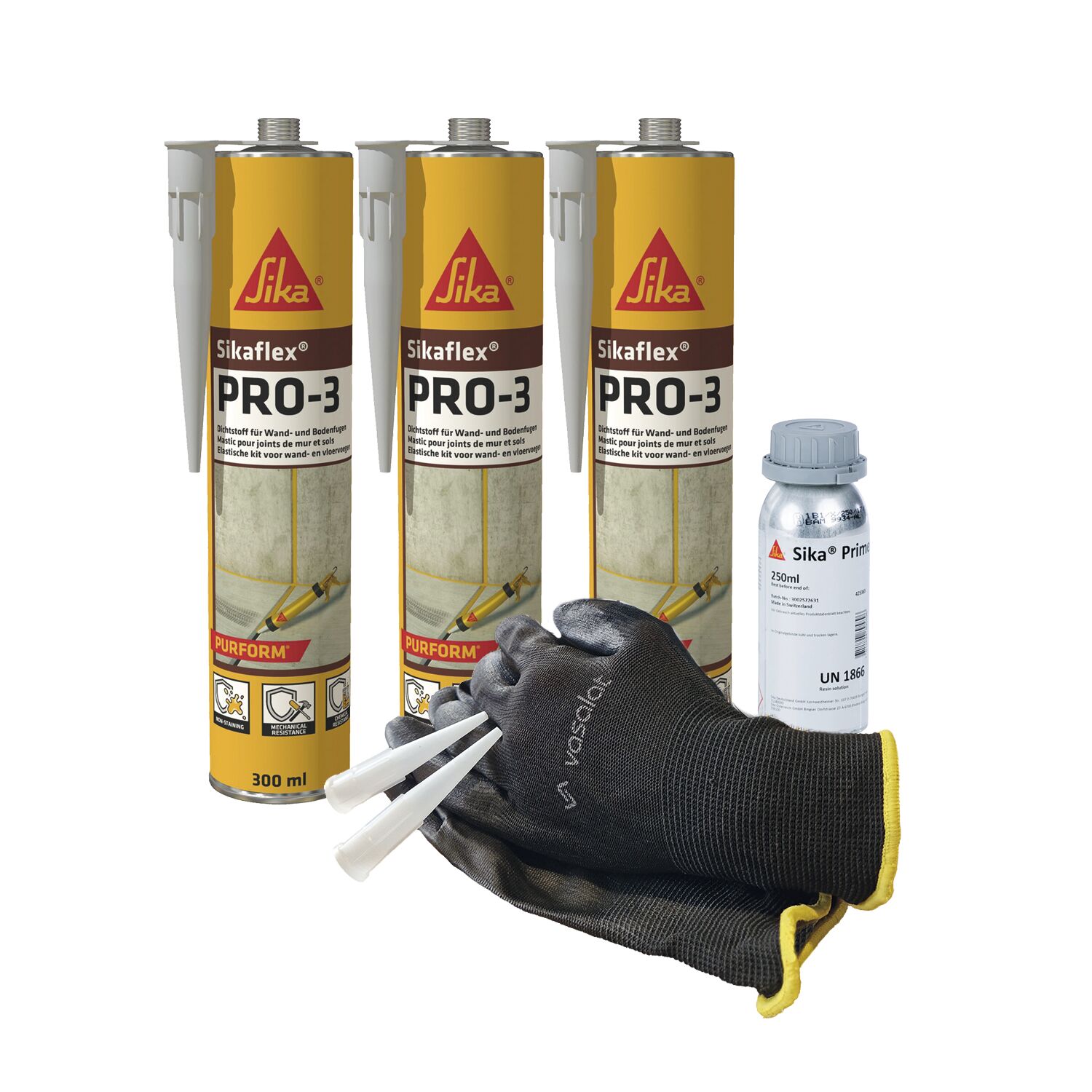 Sikaflex PRO-3 betongrau 3x 300ml Dichtstoff für Fugen - mit Aktivator 205 und Primer 210 zur ...