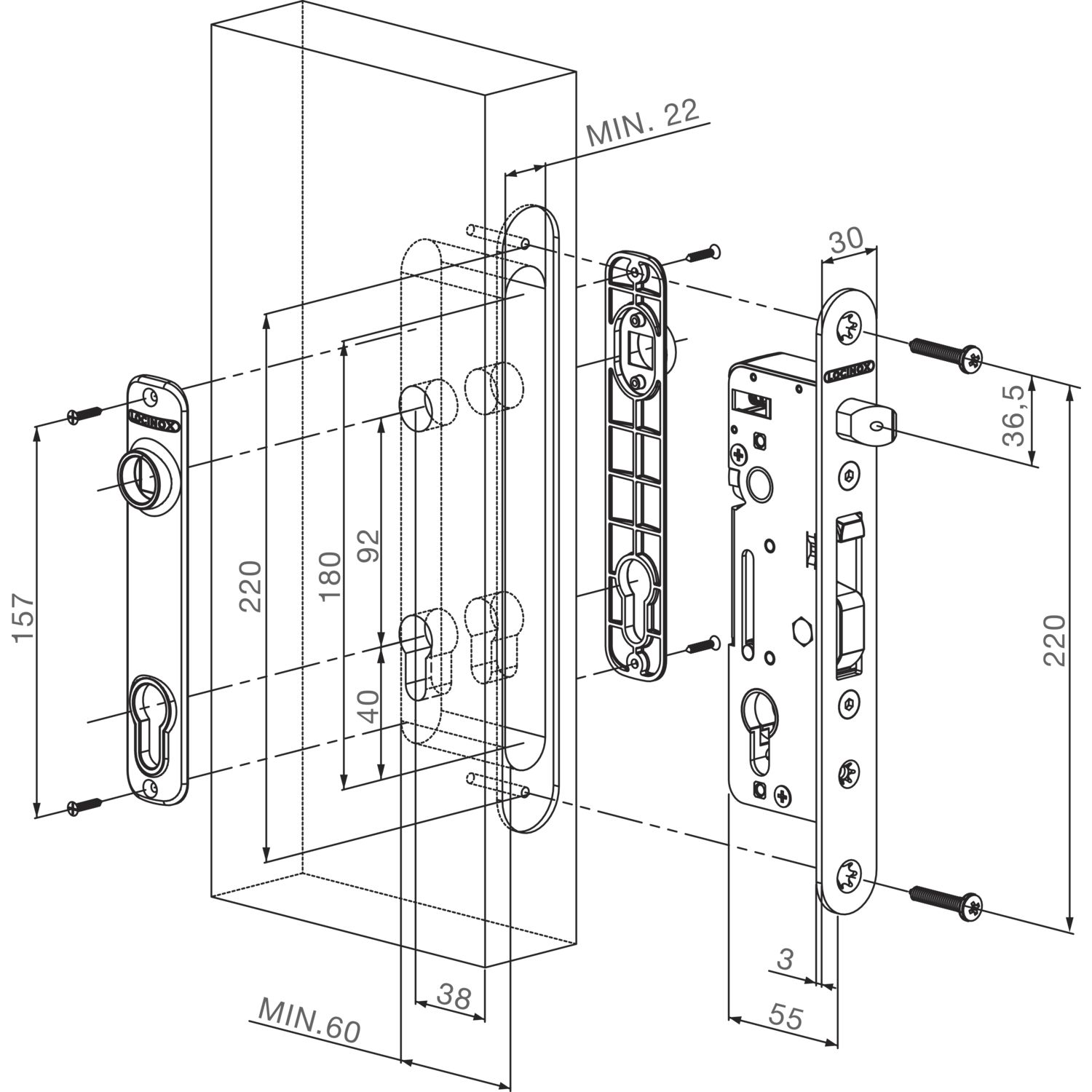 Rohrrahmenschloss H-Metall mit Hakenriegel, DM 35, PZ 92, Stulp rund ...
